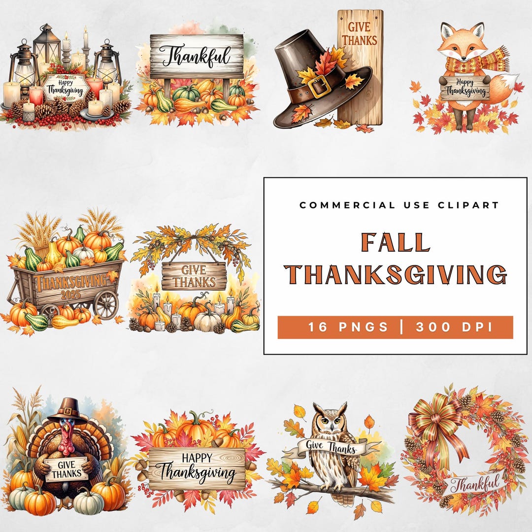 Fall Thanksgiving Clipart Bundle, Happy Thanksgiving Pngs , Autumn ...