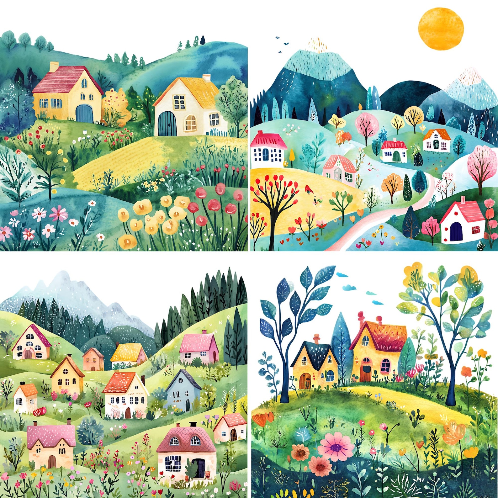 Cottagecore Landscape Clipart Bundle: Watercolor Fantasy Village PNG ...