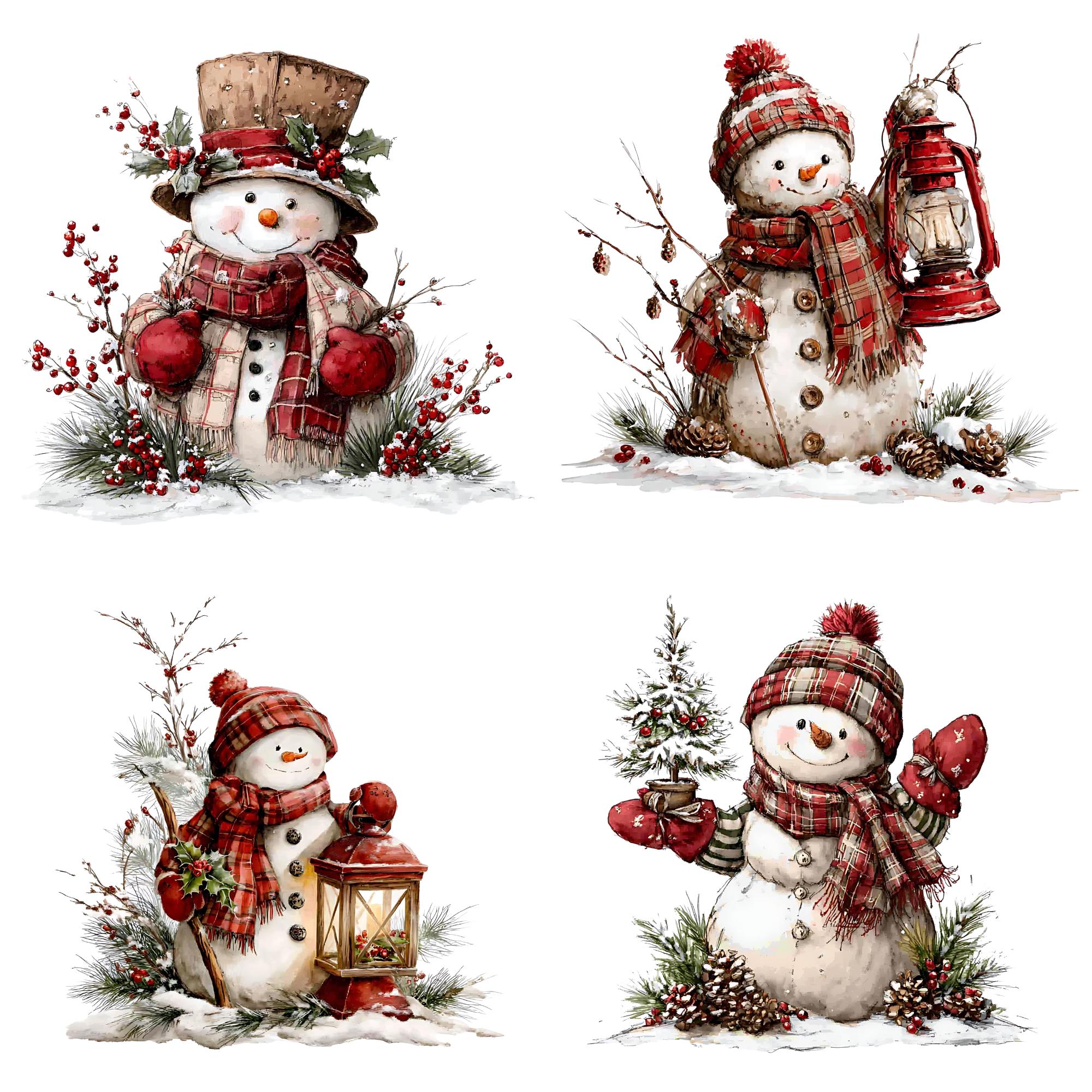 Vintage Christmas Snowman Clipart, 15 Watercolor Rustic Winter Holiday ...