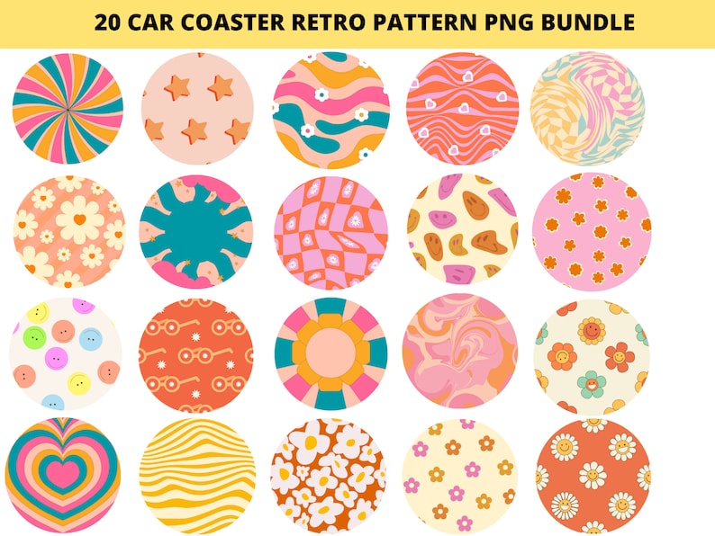 20 Retro Pattern Car Coaster Sublimation PNG Designs, Round Png ...