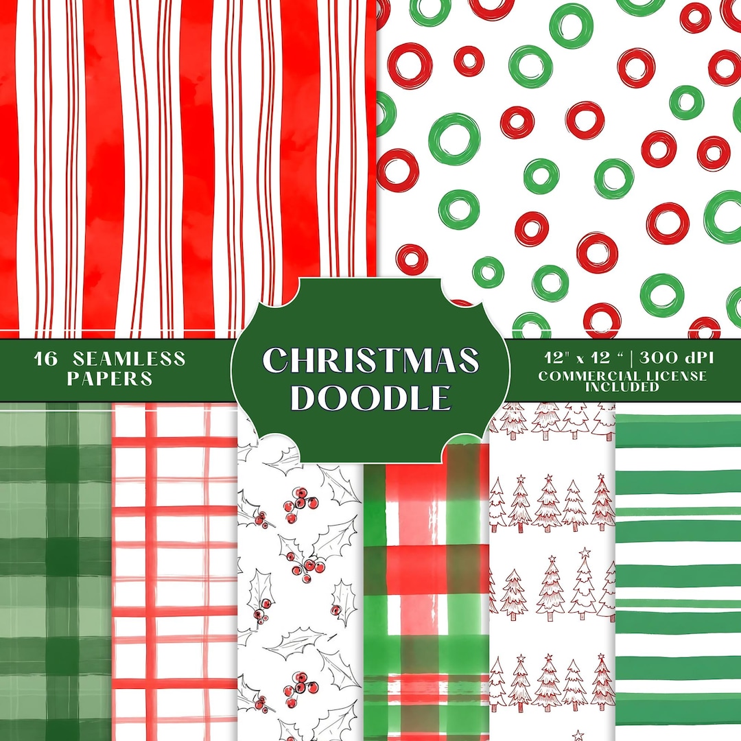 Christmas Doodle Digital Paper, Red Green Seamless Patterns, Holiday ...