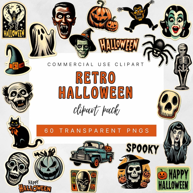 Retro Halloween Clipart: Spooky PNG Graphics for Scrapbooking ...