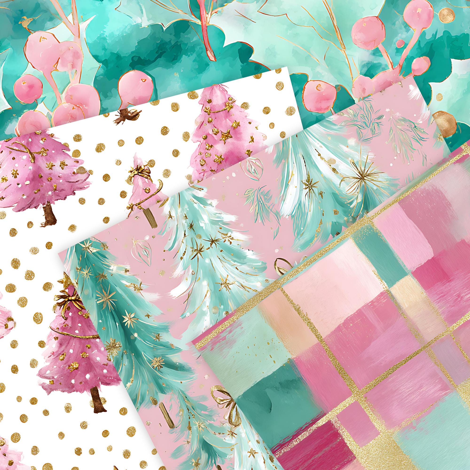 Preppy Pink & Mint Christmas Digital Paper Bundle, 12 Seamless Holiday ...