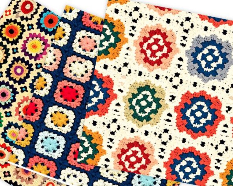 Granny Square Embroidery Digital Paper: Crochet Seamless Patterns ...