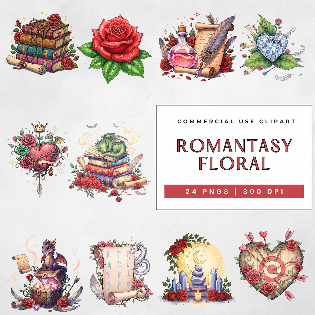 Romantasy Clipart Bundle, Fantasy Floral Book Lover, Dragon Graphics ...