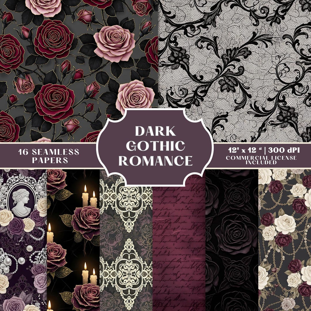 Dark Romance Gothic Glam Seamless Digital Paper, 16 Floral Dark ...