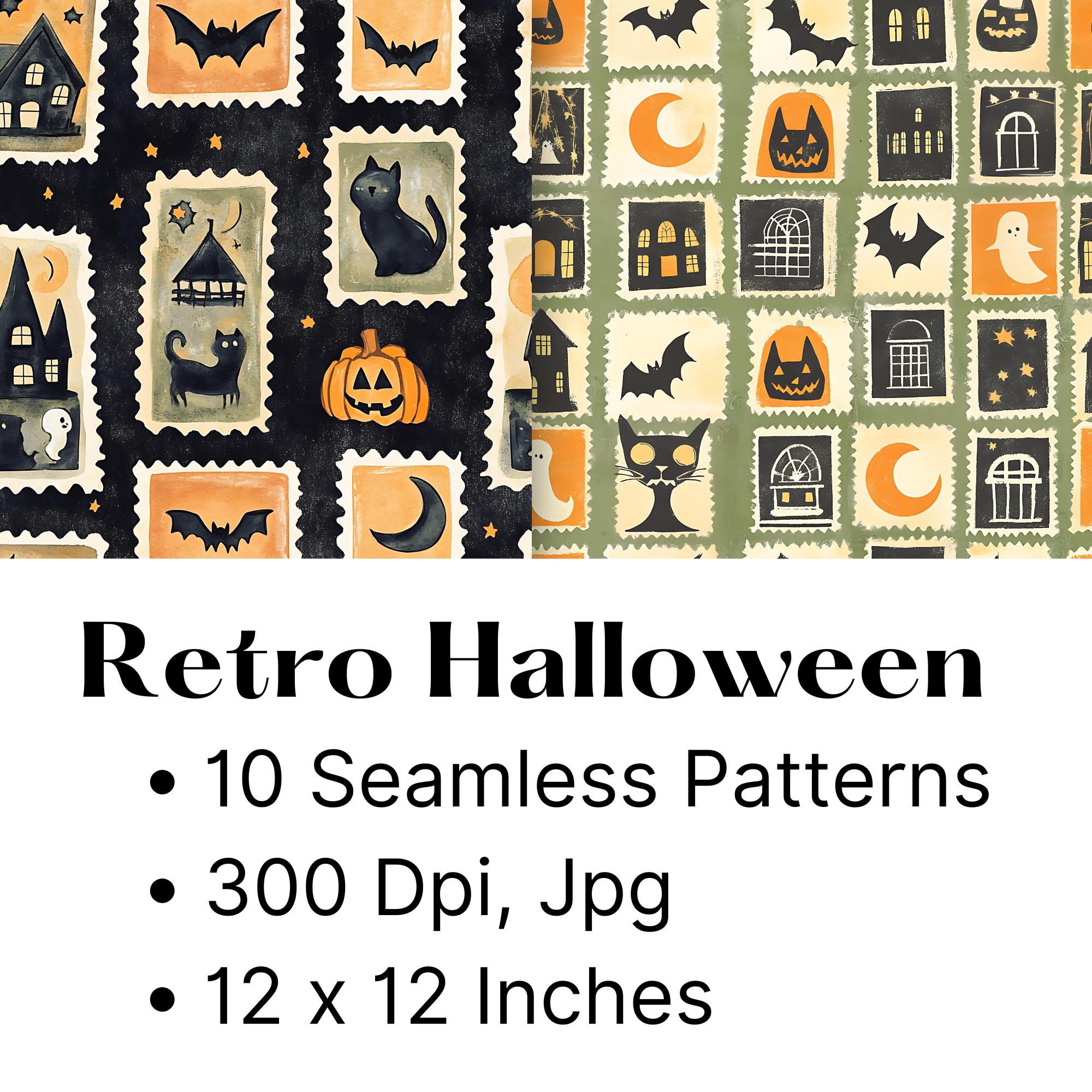 Retro Halloween Seamless Digital Paper Bundle, Vintage Style Ghost Cat ...