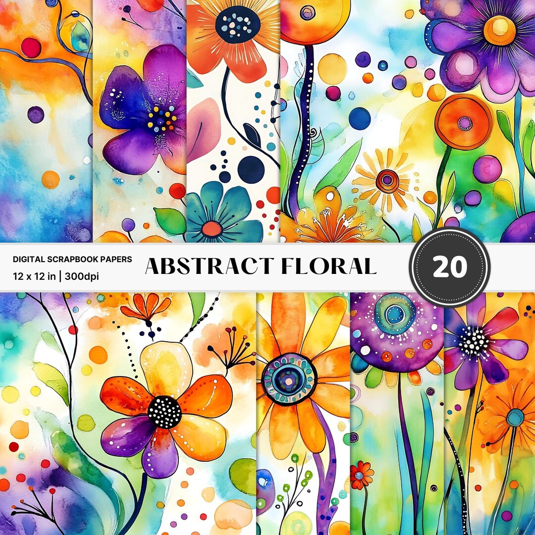Modern Abstract Flowers Backgrounds, Vibrant Floral Printable Scrapbook ...