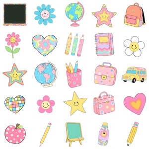 Groovy School Clipart Bundle, Retro Back to School Supplies Clip Art ...