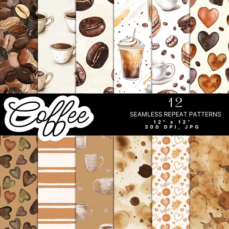 Coffee Clipart & Seamless Patterns Bundle: Latte Art, Scrapbook Paper ...