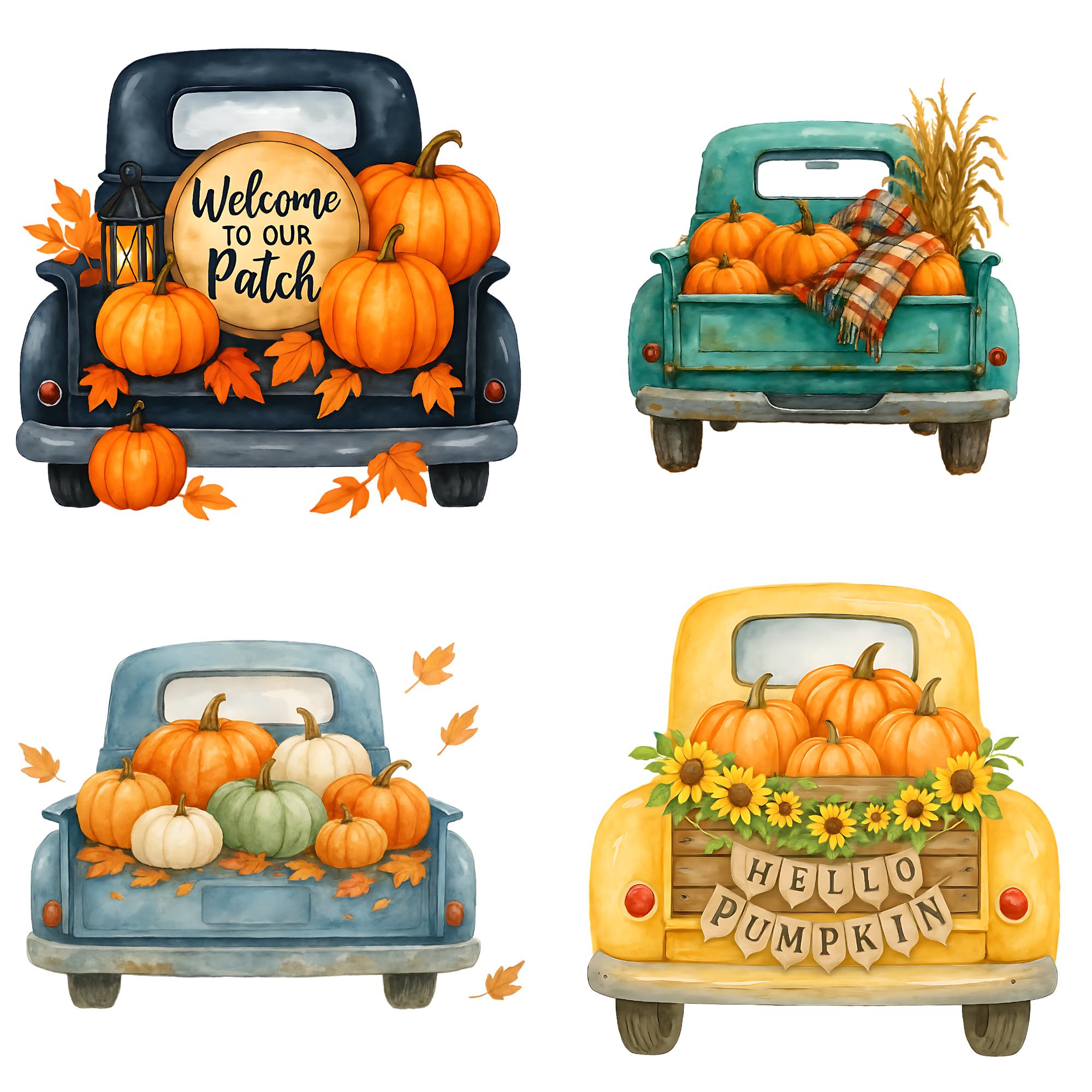 Watercolor Fall Truck Clipart: Autumn Harvest PNG Graphics (commercial ...