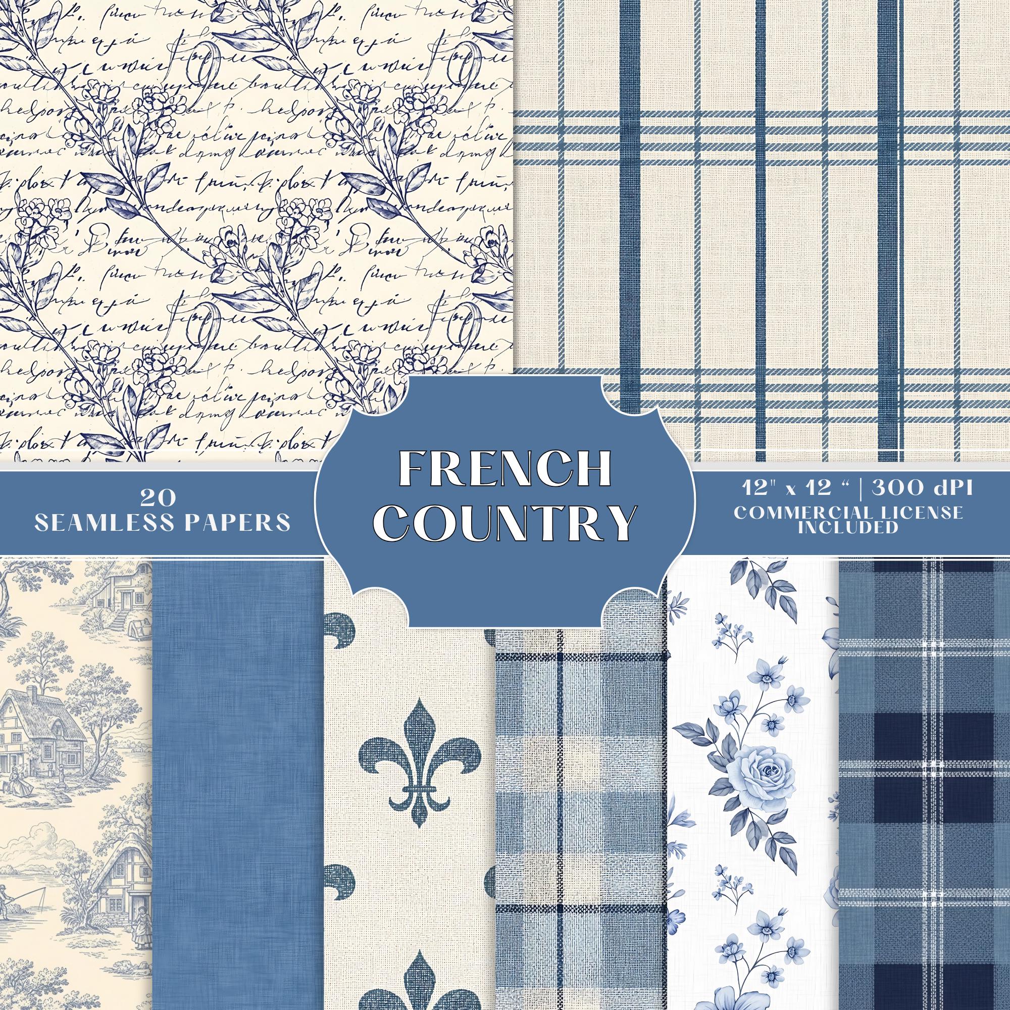 French Country Digital Paper Pack, Blue and White Seamless Toile ...