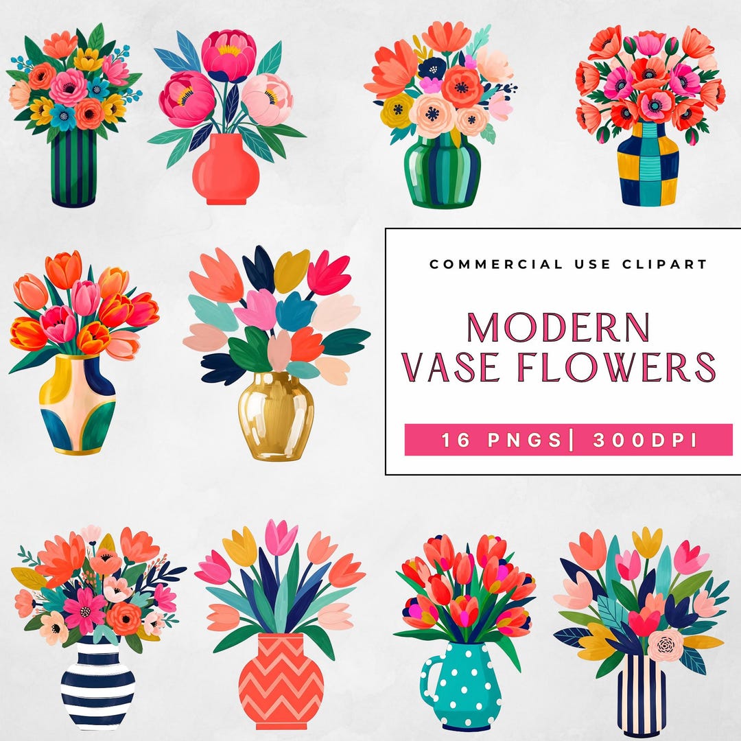 Bold Modern Floral Clipart, Flower Vase PNG Bundle, Bright Abstract ...