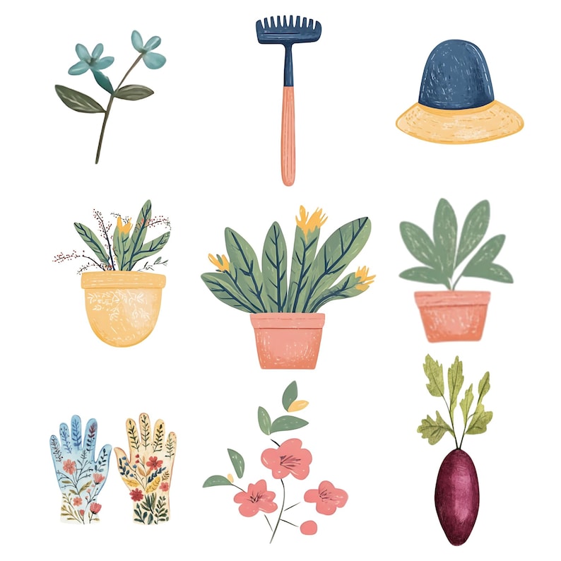 Garden Clipart Pack PNG, Watercolor Gardening Tools & Spring Flowers ...