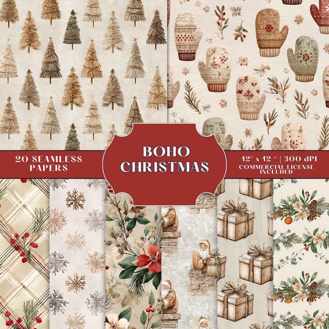 Boho Christmas Seamless Digital Paper Bundle: Rustic Woodland Patterns ...