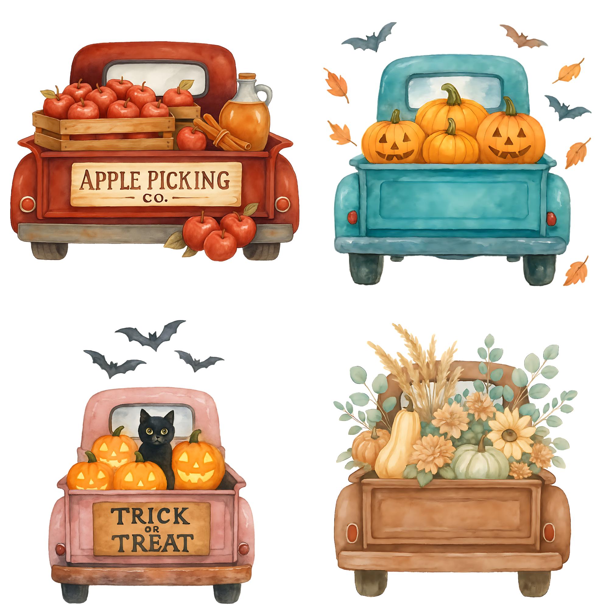 Watercolor Fall Truck Clipart: Autumn Harvest PNG Graphics (commercial ...