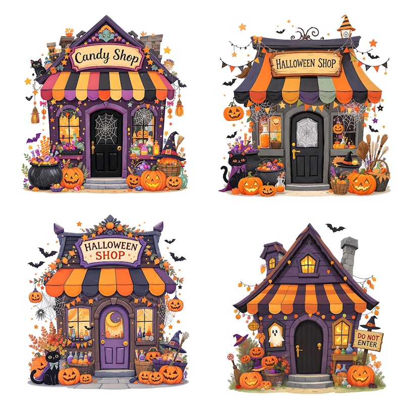 Halloween Shop Clip Art Bundle Set of 10, Whimsical Cute Haunted House ...