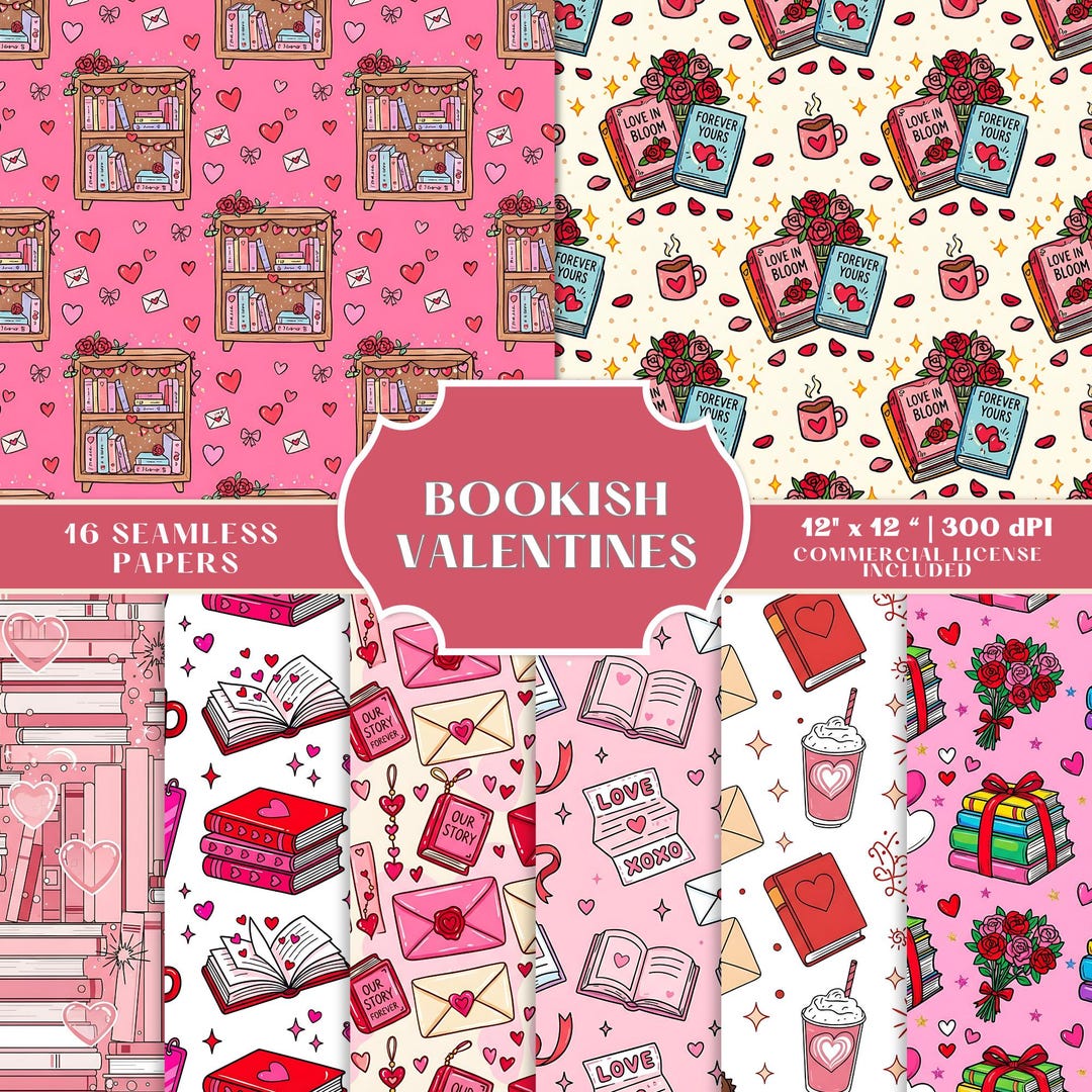 Bookish Valentines Day Seamless Paper Bundle, Book Lover Digital ...