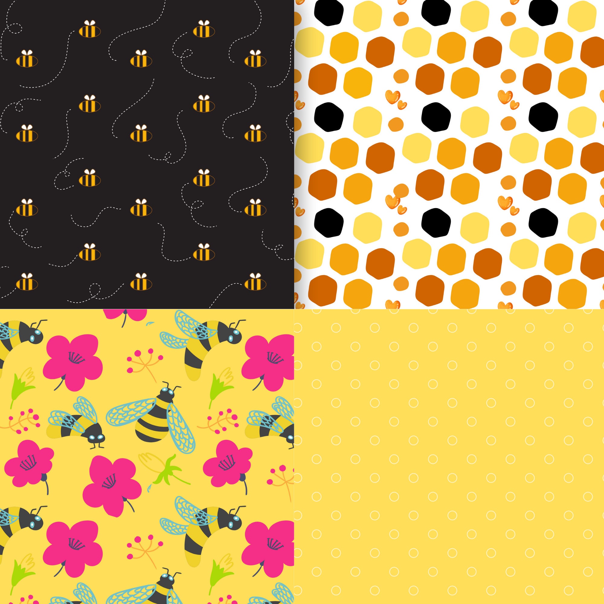 Bee Digital Paper Pack, Bee Patterned Paper, Honeycomb Paper, Yellow ...
