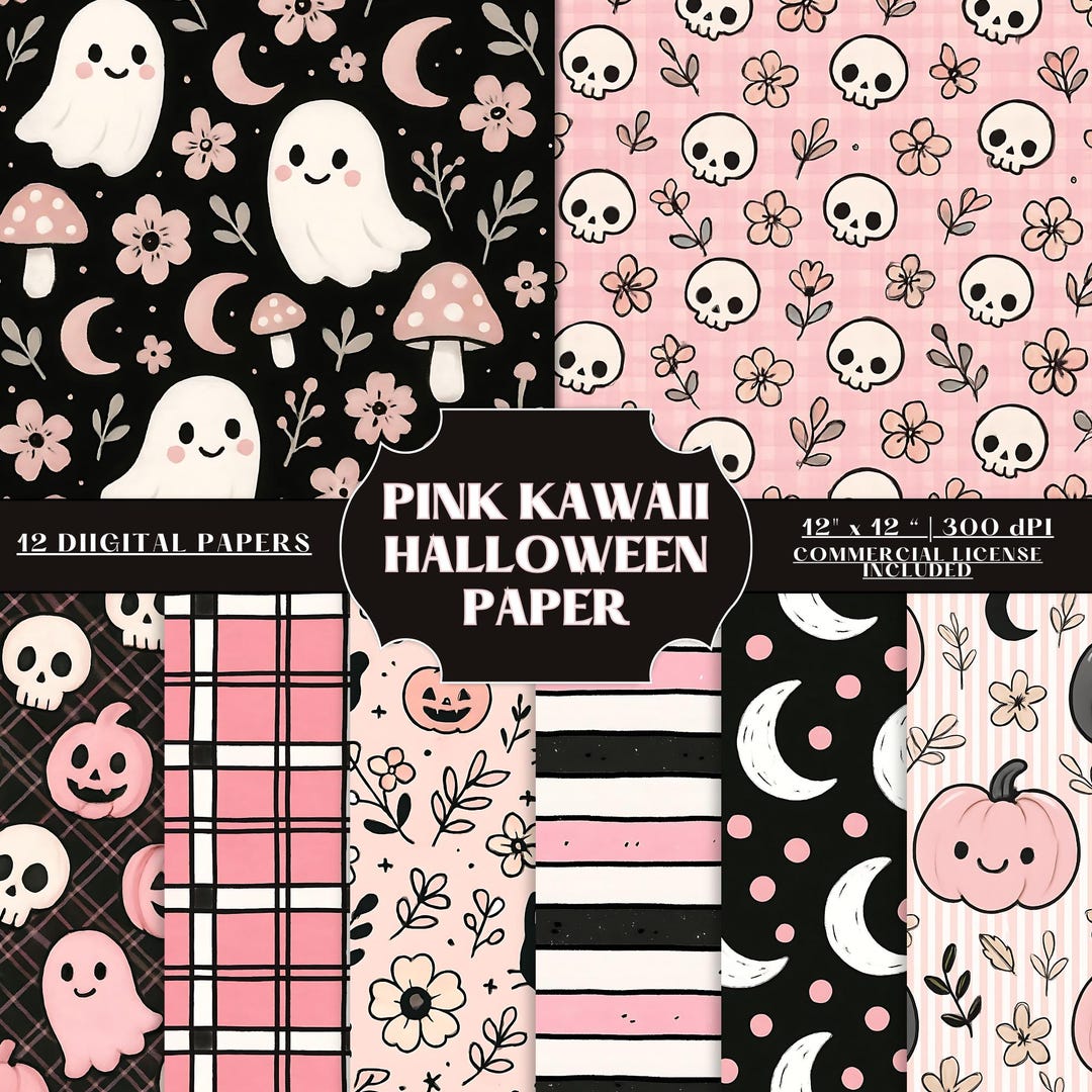 Pink Halloween Digital Paper Pack: Kawaii Ghosts & Skulls (12x12 JPG ...