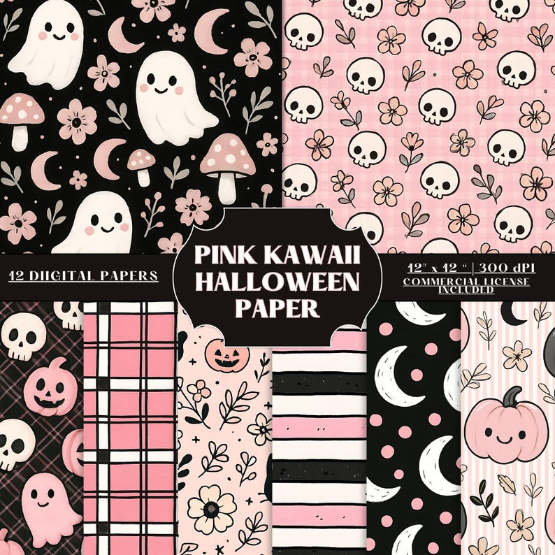 Pink Halloween Digital Paper Pack: Kawaii Ghosts & Skulls (12x12 JPG ...
