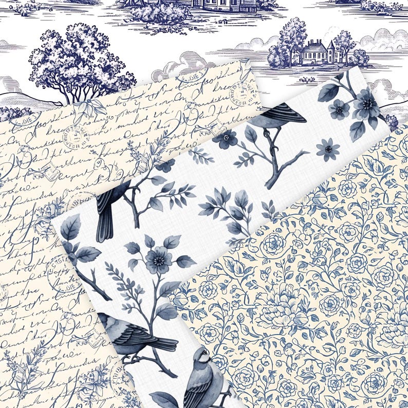 French Country Digital Paper Pack, Blue and White Seamless Toile ...