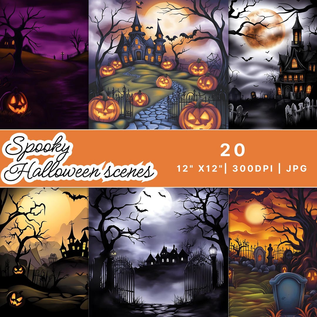 Spooky Halloween Digital Paper: Haunted House, Graveyard Scenes (12x12 ...