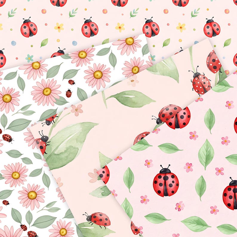 Ladybug Daisy Floral Seamless Pattern Bundle, Spring Bug Digital ...