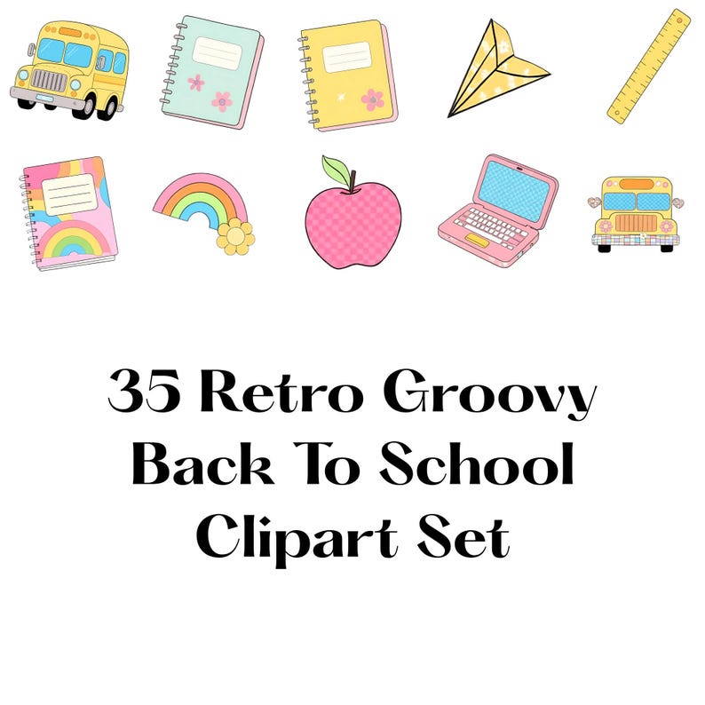 Groovy School Clipart Bundle, Retro Back to School Supplies Clip Art ...
