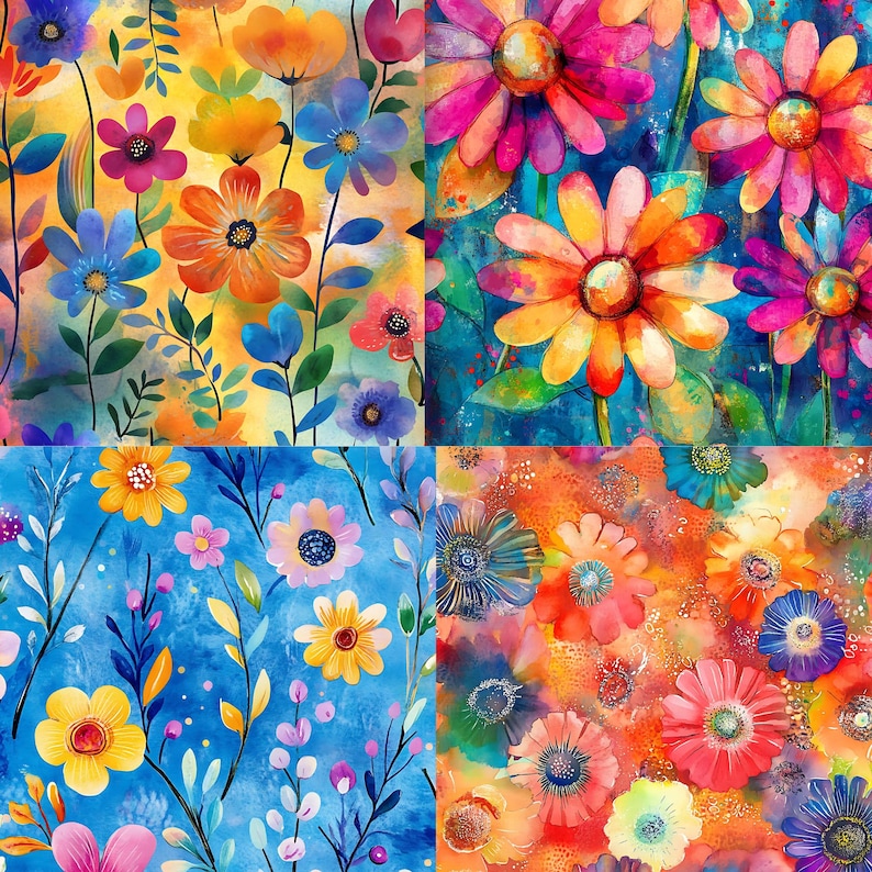 Vibrant Abstract Flower Digital Papers, Spring Floral Watercolor ...