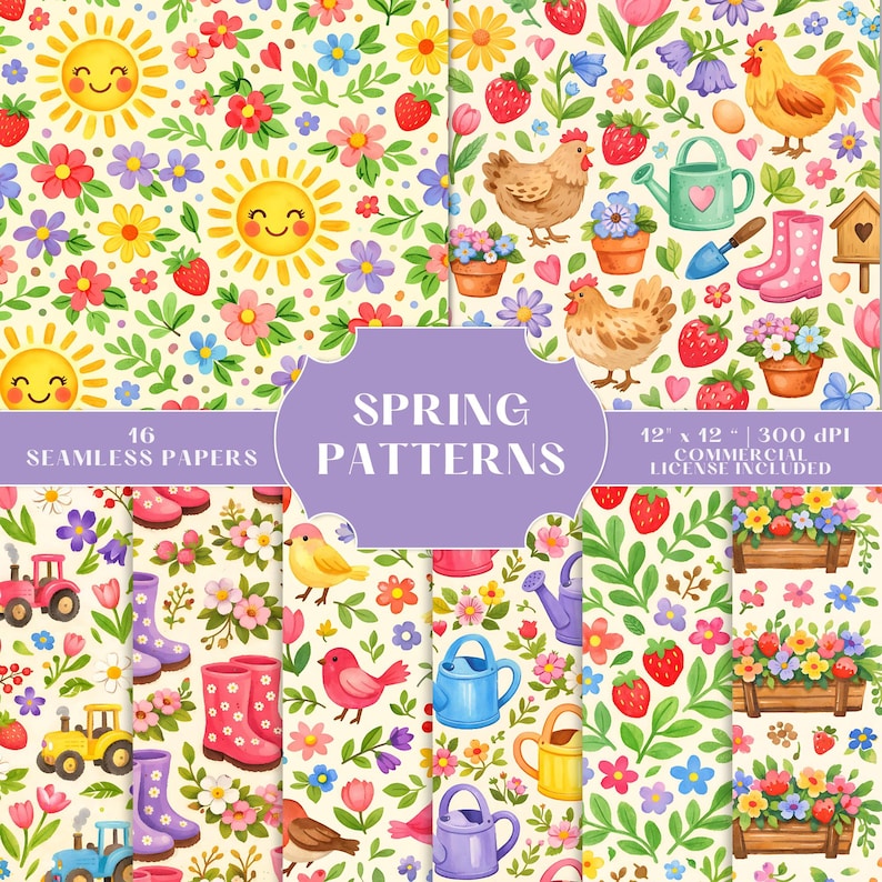 Spring Seamless Digital Paper, Floral Garden Farm Backgrounds ...