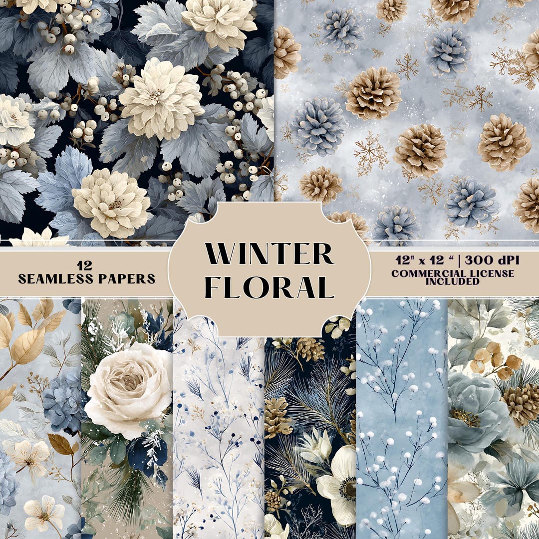 Blue Winter Flowers, Floral Winter Pattern Seamless Backgrounds ...