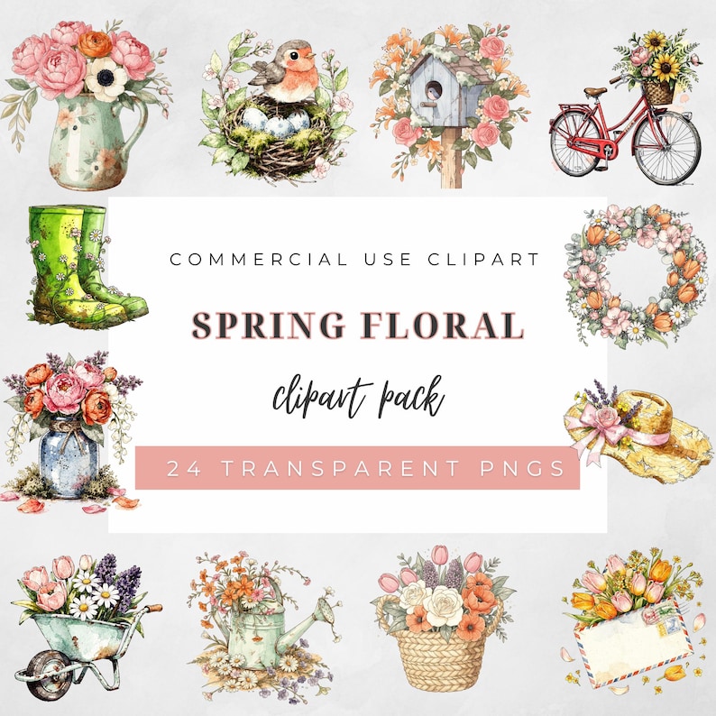 Spring Floral Clipart Bundle, Cottage Garden Flower Png Graphics ...