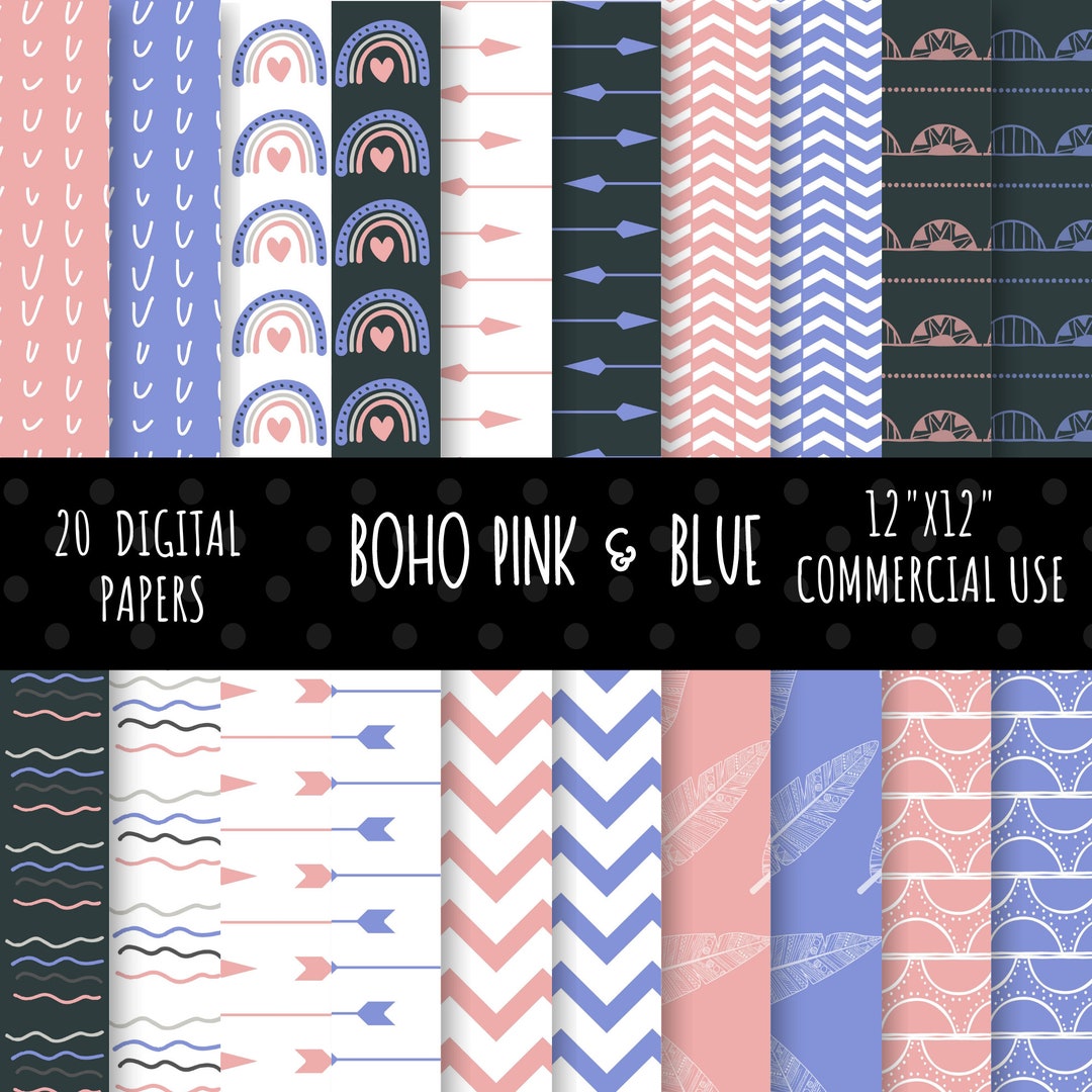 Boho Pink/blue Digital Paper Pack, Digital Scrapbook Paper ...
