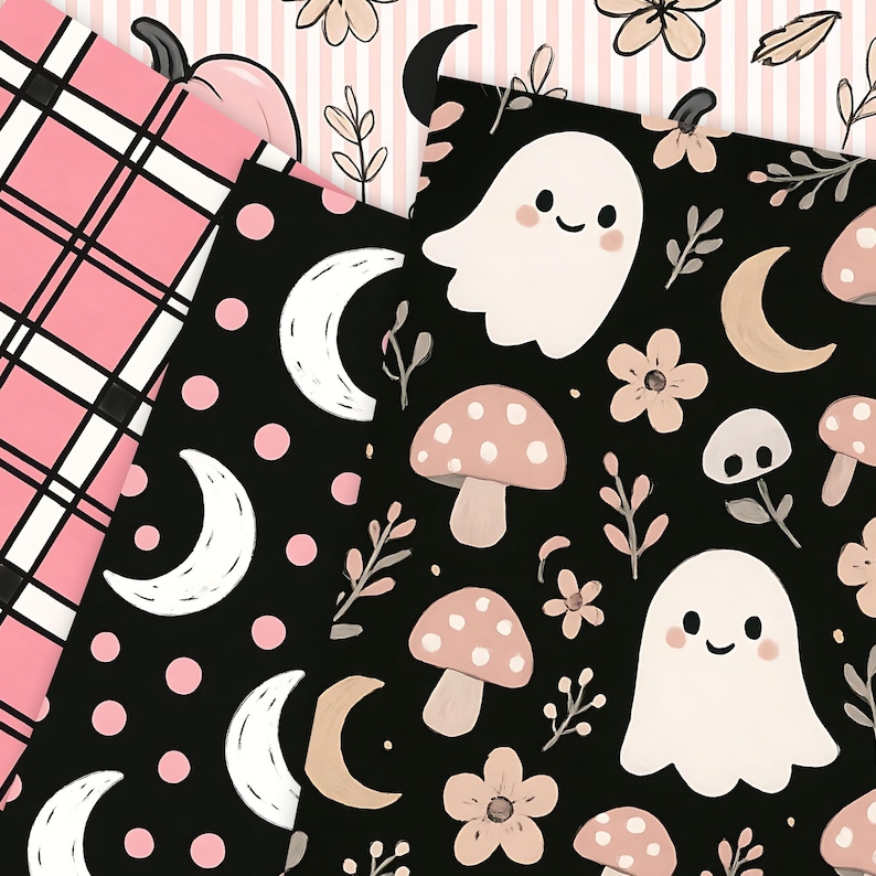 Pink Halloween Digital Paper Pack: Kawaii Ghosts & Skulls (12x12 JPG ...