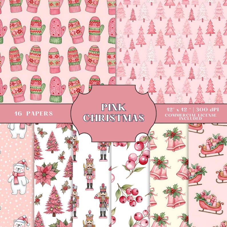 Pink Christmas Digital Paper Seamless Bundle,16 Watercolor Holiday ...