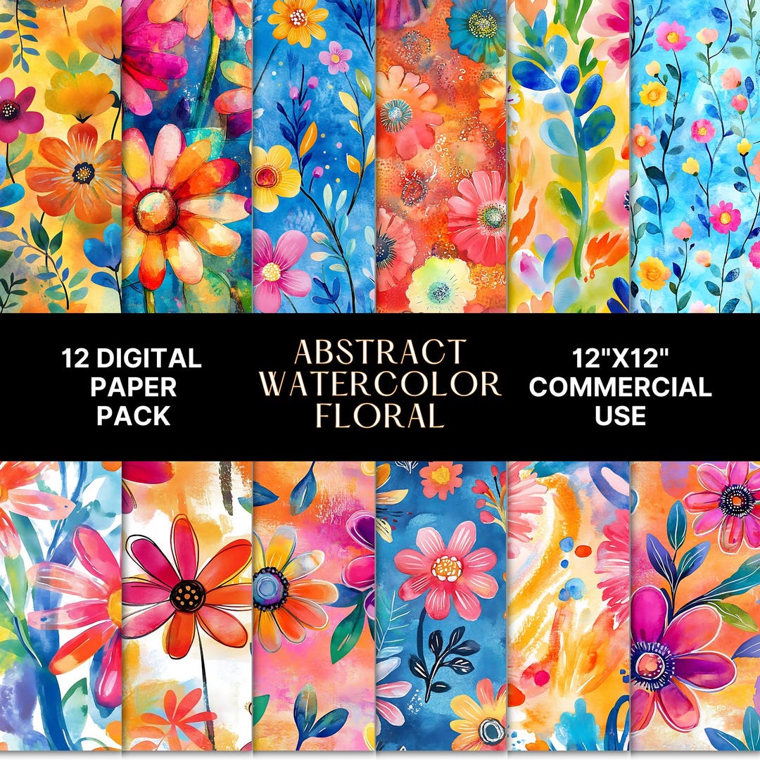 Vibrant Abstract Flower Digital Papers, Spring Floral Watercolor ...