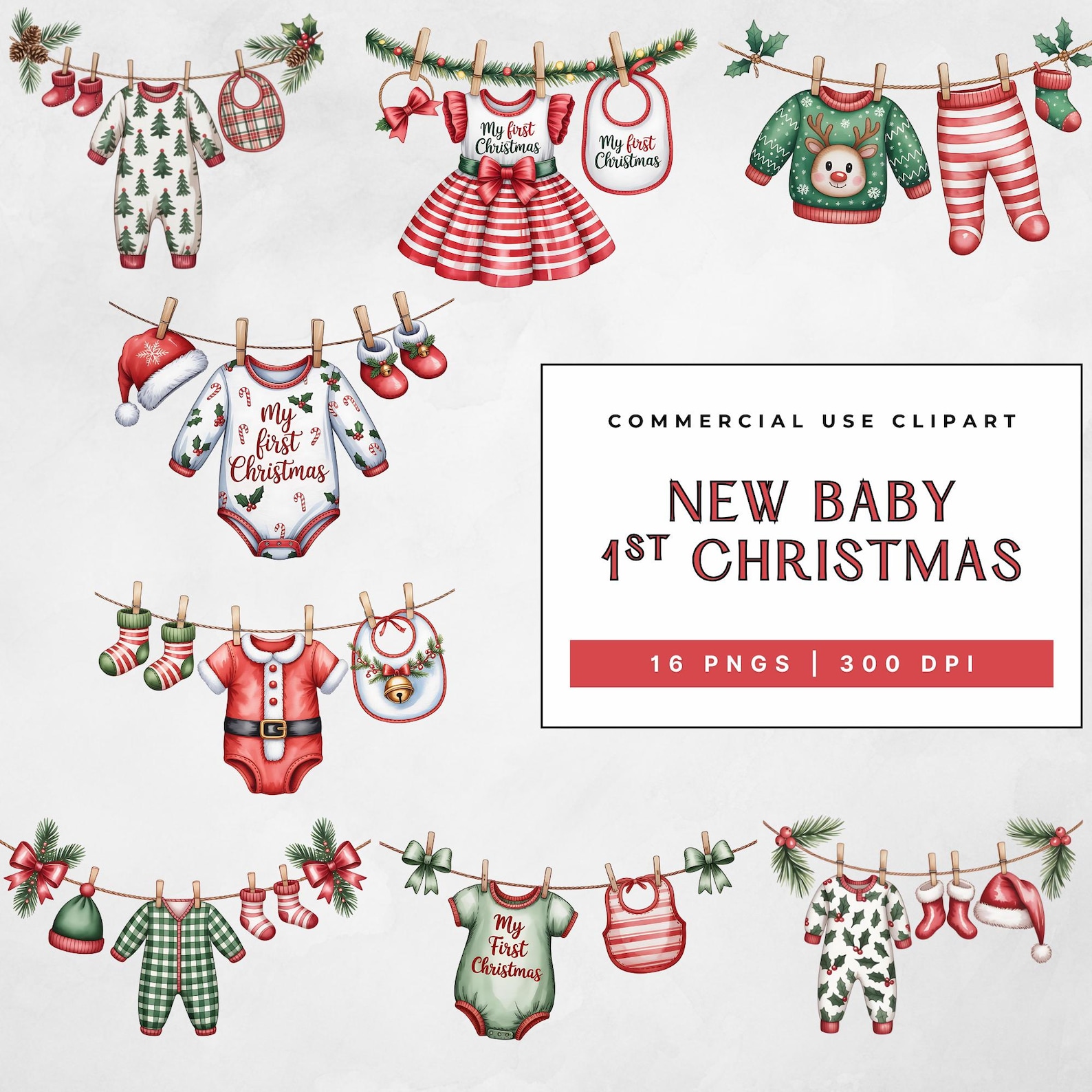 Christmas Baby Clothesline Clipart Bundle, My First Christmas New Baby ...