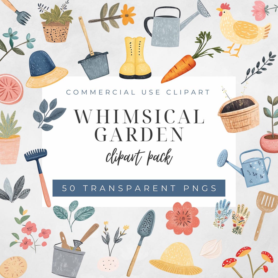 Garden Clipart Pack PNG, Watercolor Gardening Tools & Spring Flowers ...