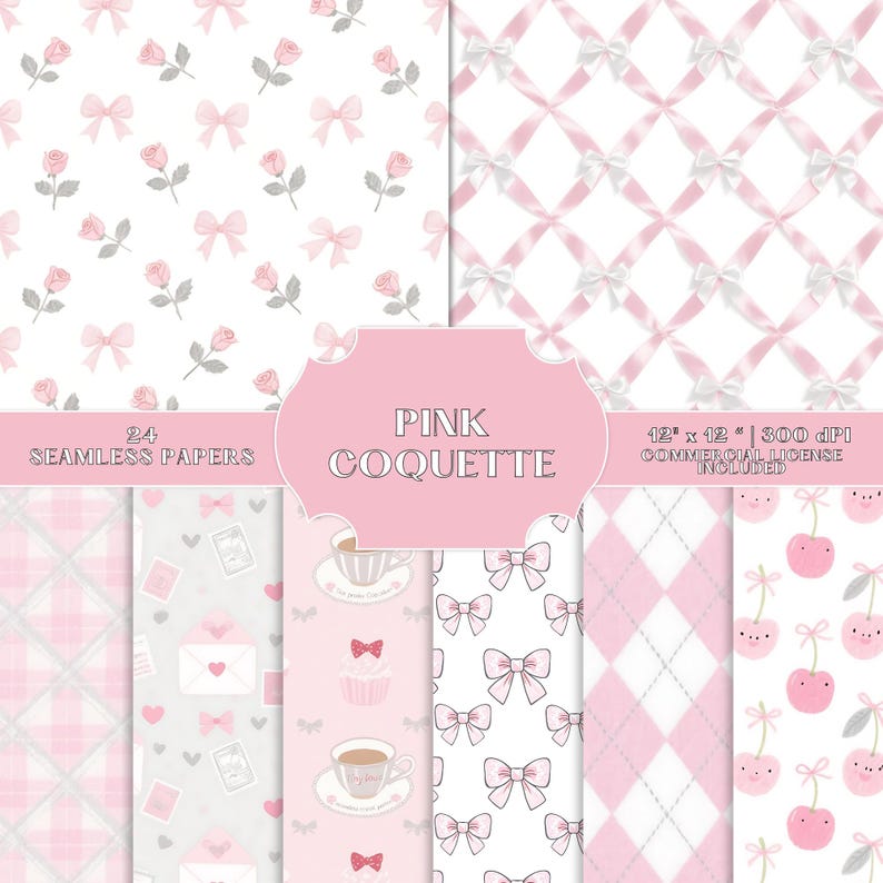 Pink & White Coquette Seamless Paper Bundle, 24 Soft Girl Scrapbook ...
