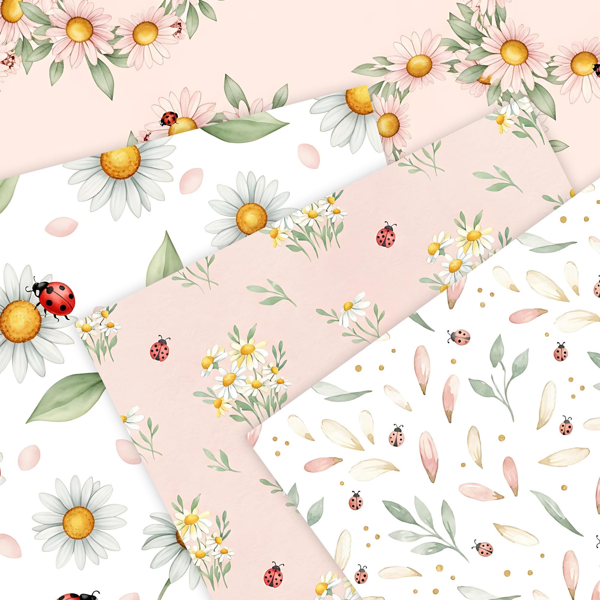 Ladybug Daisy Floral Seamless Pattern Bundle, Spring Bug Digital ...