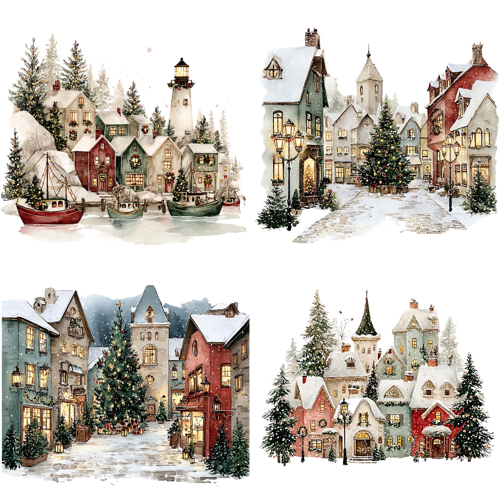 Christmas Village Watercolor Clipart Bundle, 15 PNG Scenes, Festive ...