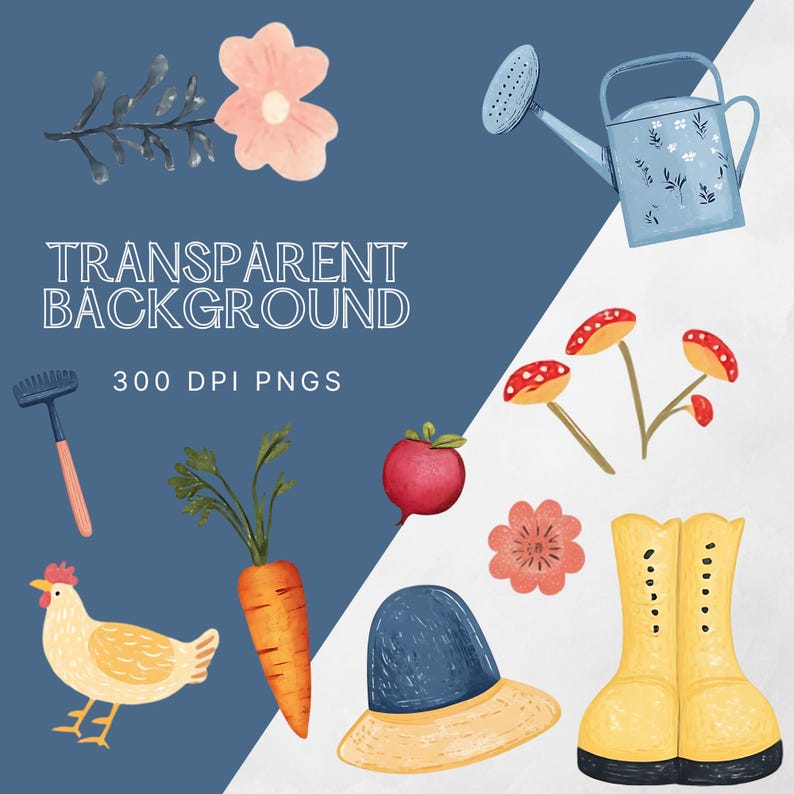 Garden Clipart Pack PNG, Watercolor Gardening Tools & Spring Flowers ...