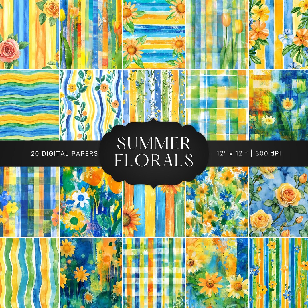 Spring Flower Digital Papers, Blue Summer Floral Watercolor Scrapbook ...