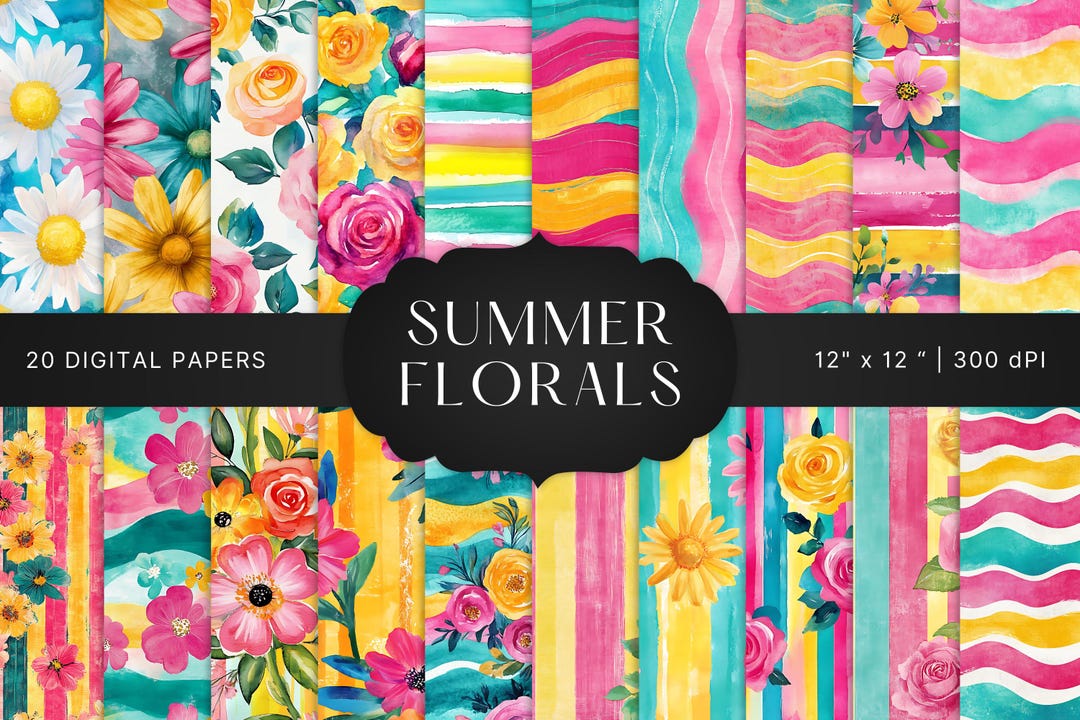 Summer Flower Digital Papers, Spring Floral Watercolor Scrapbook Paper ...
