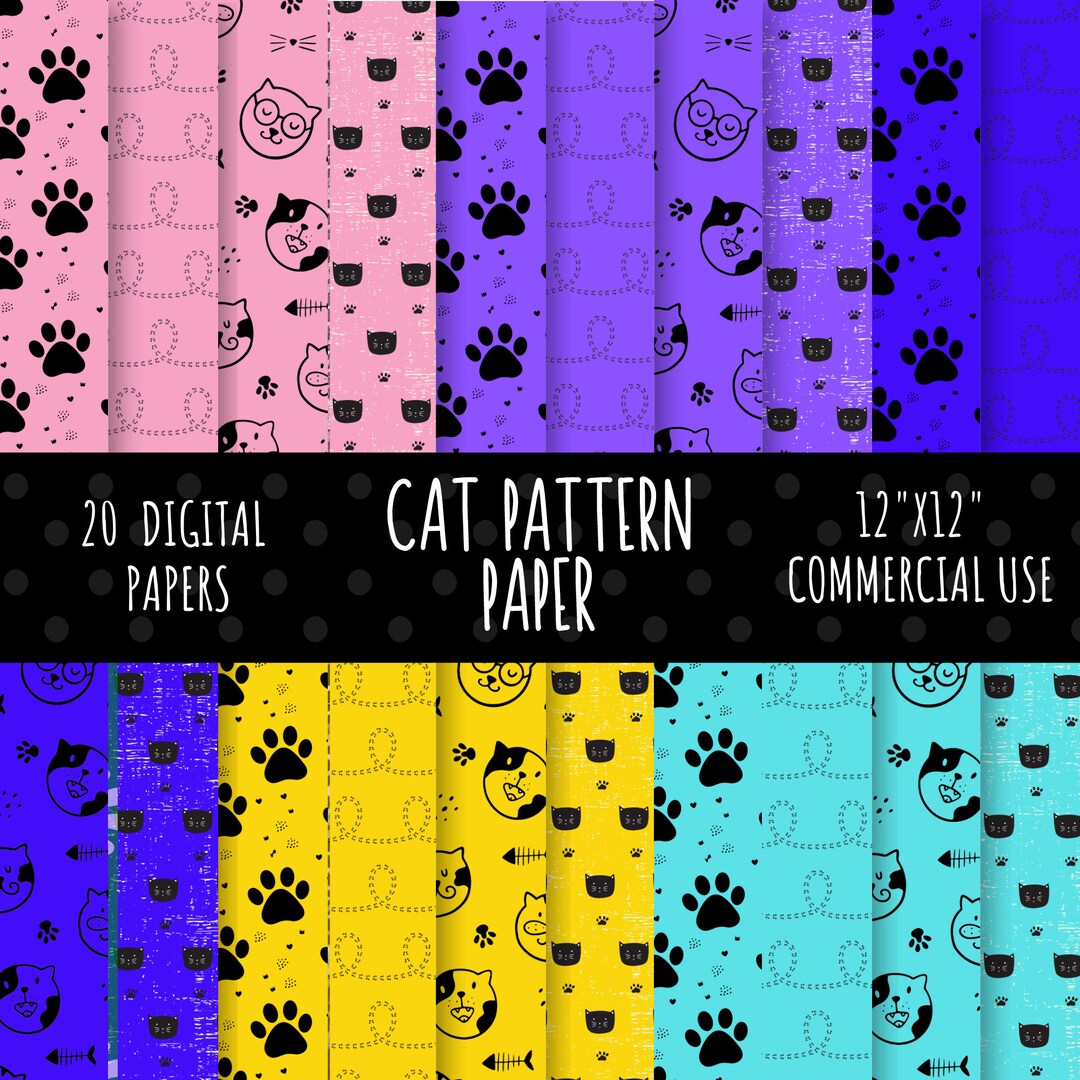 Cat Digital Paper Pack, Cat Digital Scrapbook Paper, Paw Print ...