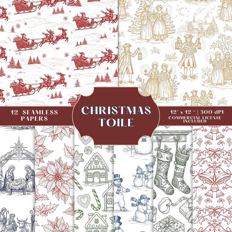 Christmas Toile Digital Paper Pack, 12 Seamless Holiday Vintage ...