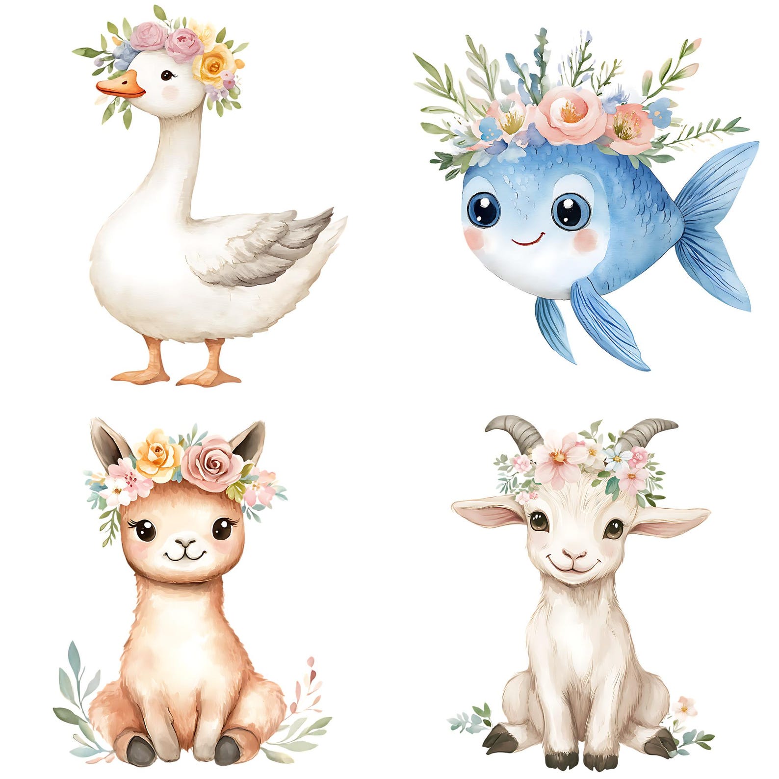 Cute Farm Animals Watercolor Clipart Bundle, Cartoon Nursery Barn Horse ...