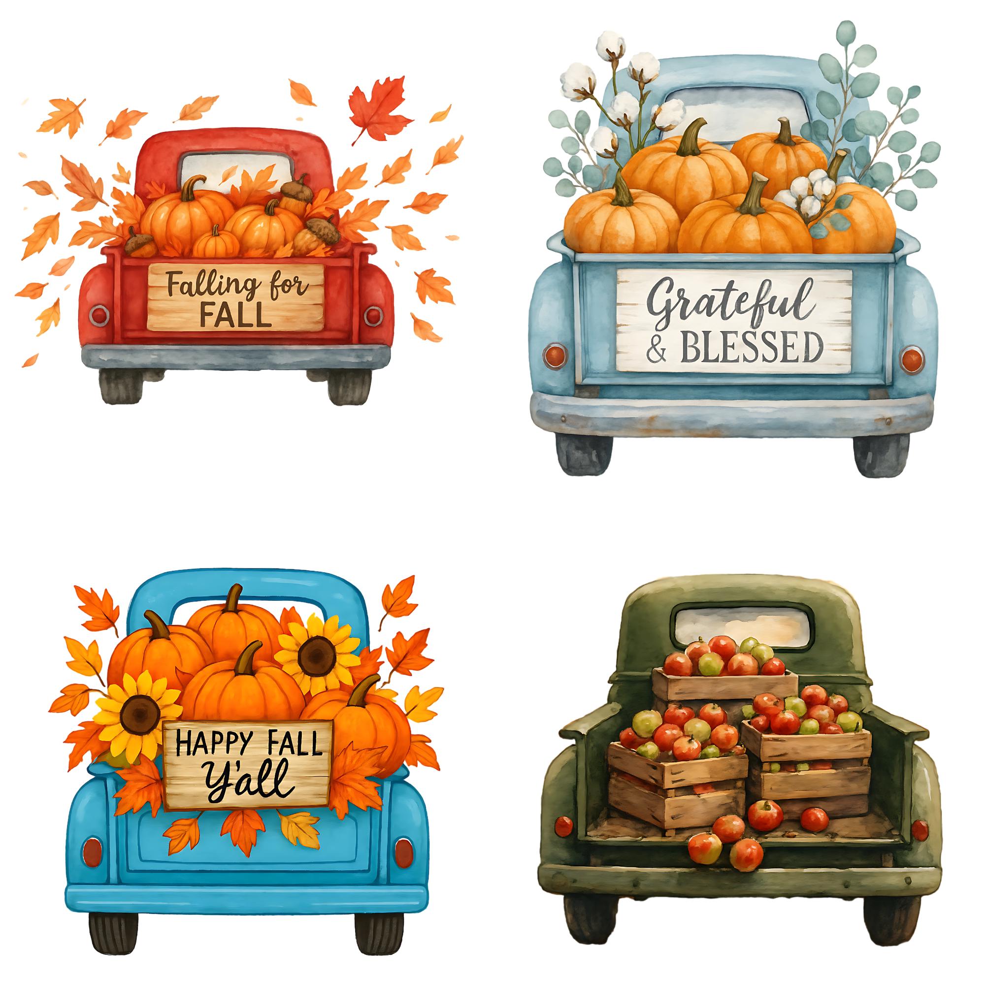 Watercolor Fall Truck Clipart: Autumn Harvest PNG Graphics (commercial ...
