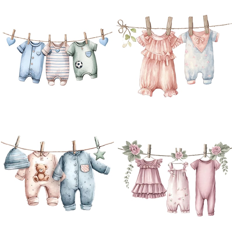 Baby Clothesline Clipart Bundle, Watercolor Baby Shower PNG, Newborn ...